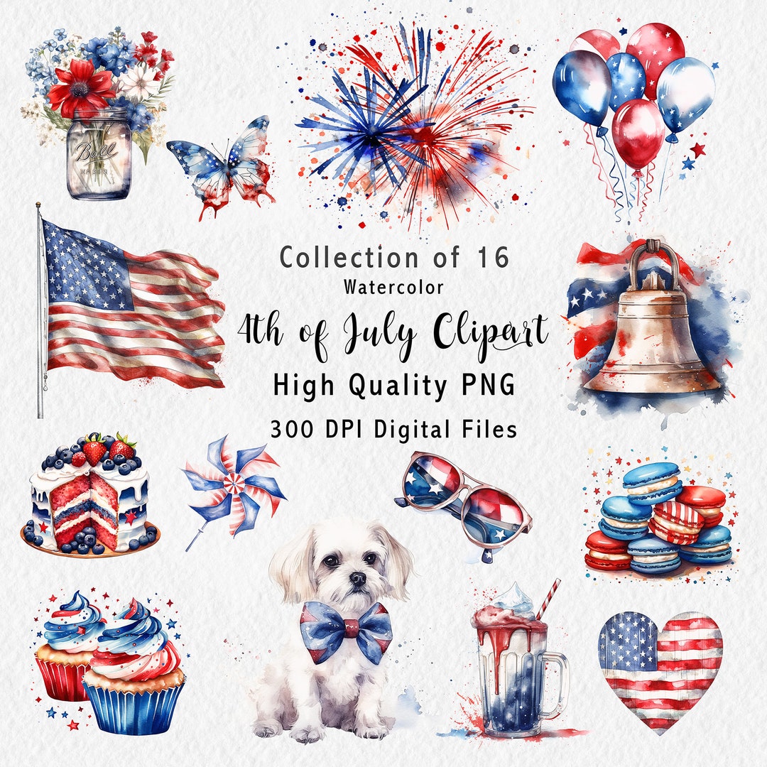 Watercolor Fourth of July Clipart - 16 Digital Graphics for Instant ...