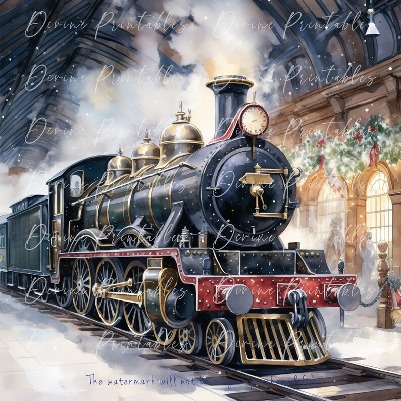 Christmas Train Station Locomotive Digital Art Watercolor Clipart 14 ...