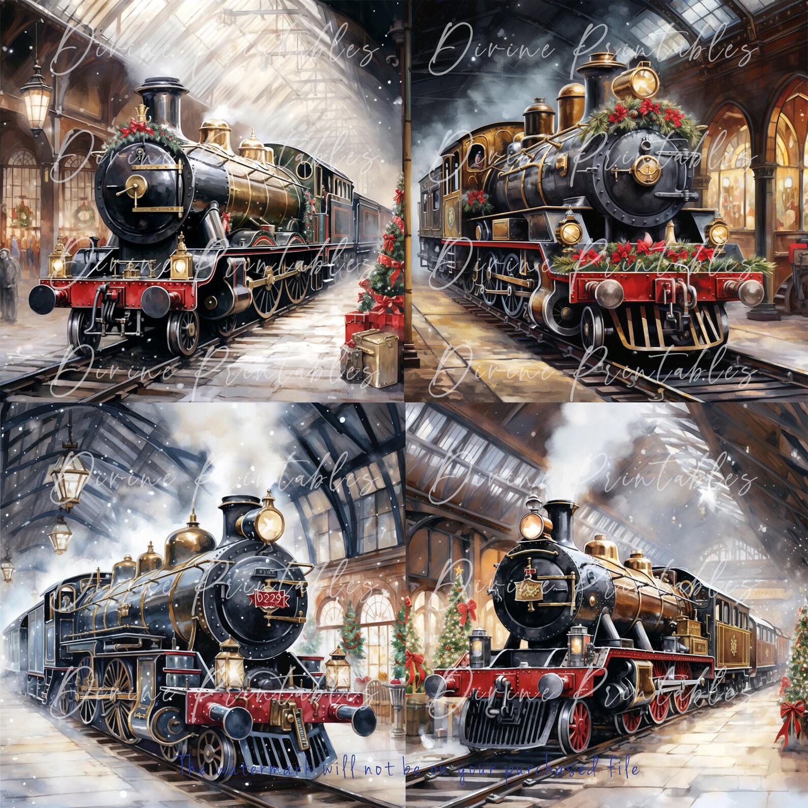 Christmas Train Station - Locomotive Digital Art Watercolor Clipart ...