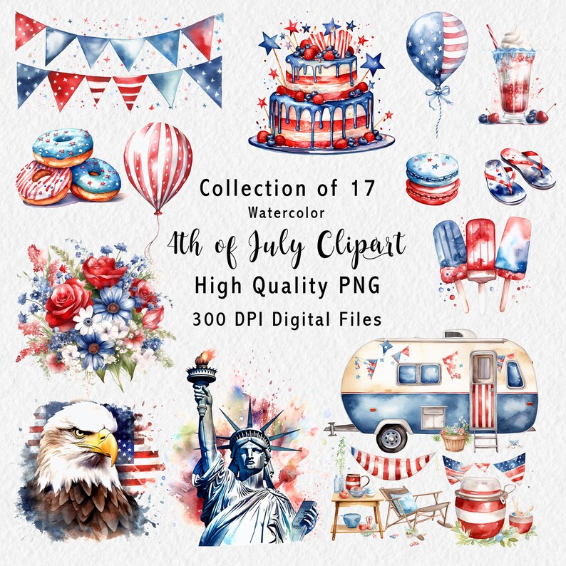 Watercolor Fourth of July Clipart - 17 Digital Graphics for Instant ...