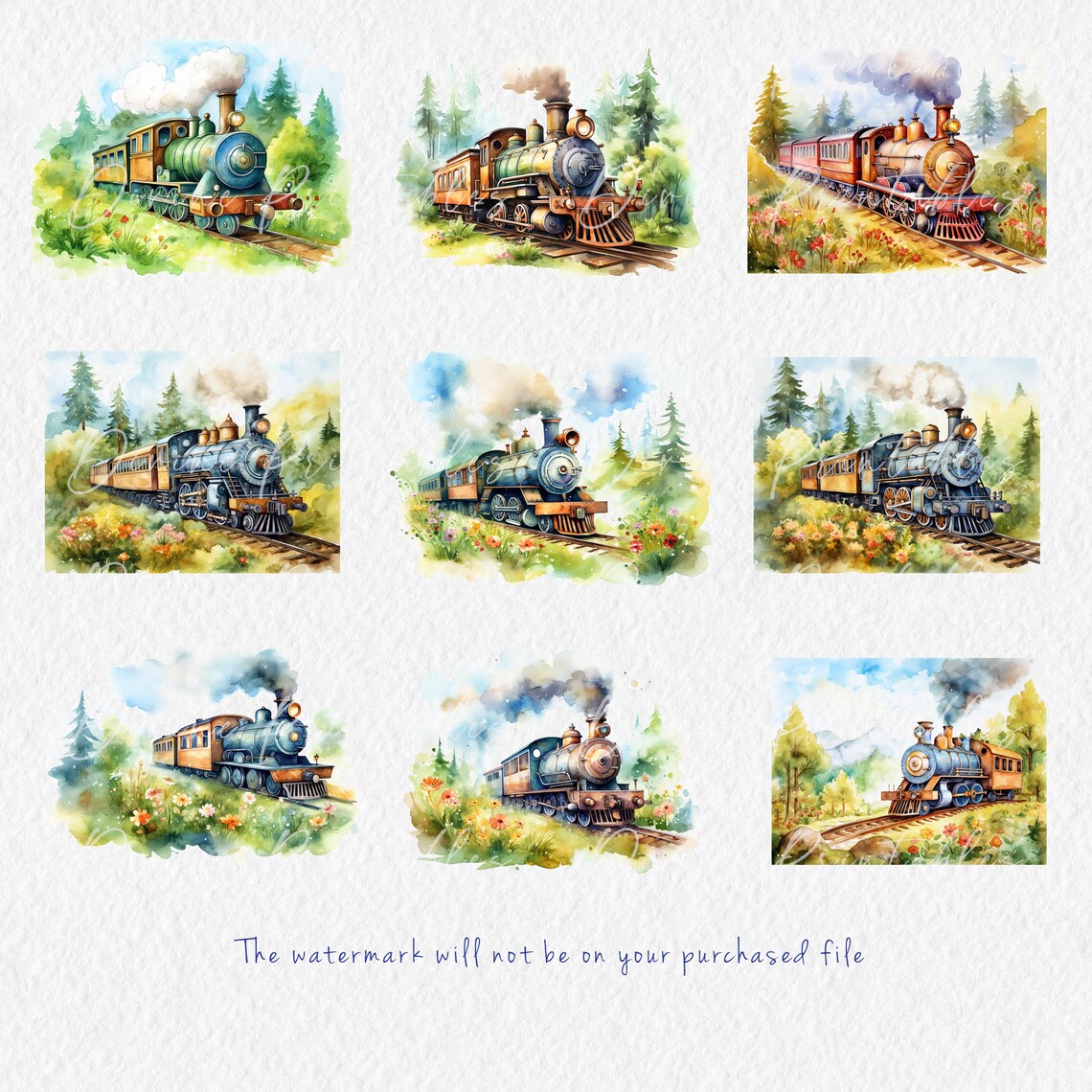 Steam Trains - Digital Art - Locomotive Watercolor Clipart - 21 Digital ...