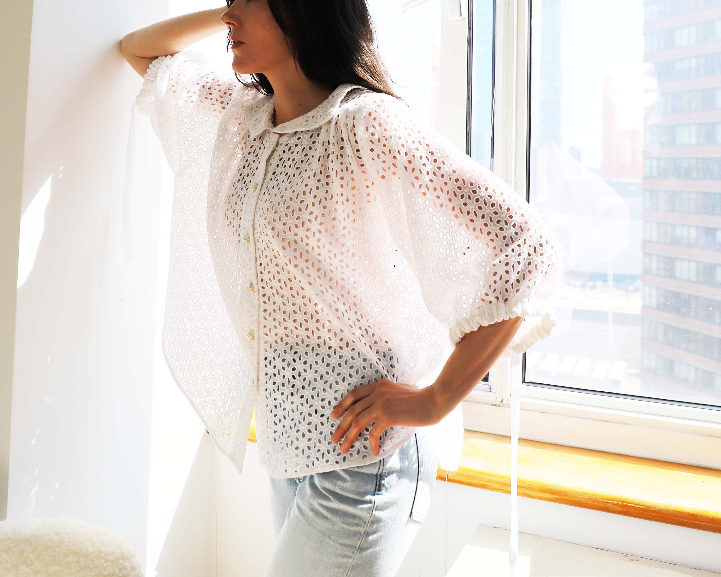 Handmade, Cotton Top; Cotton Shirt; Eyelet White Blouse, Button Front ...