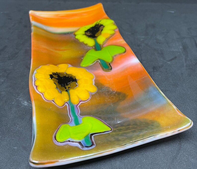 Sunflower 36 Modern Fused Art Glass Plate, Dish, Spoon Rest Made With ...