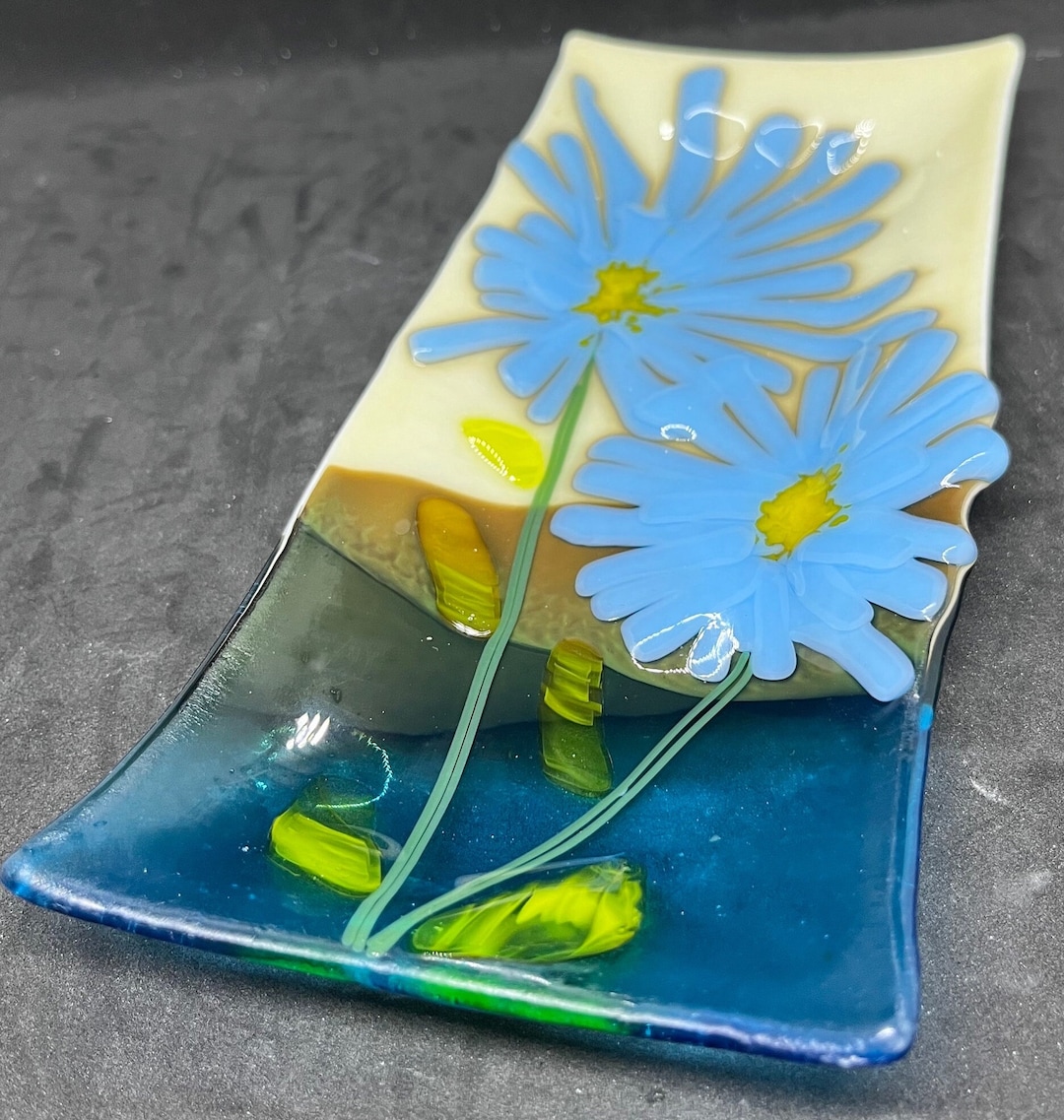 Blue Flowers 2 Modern Fused Art Glass Plate, Dish, Spoon Rest Made With ...