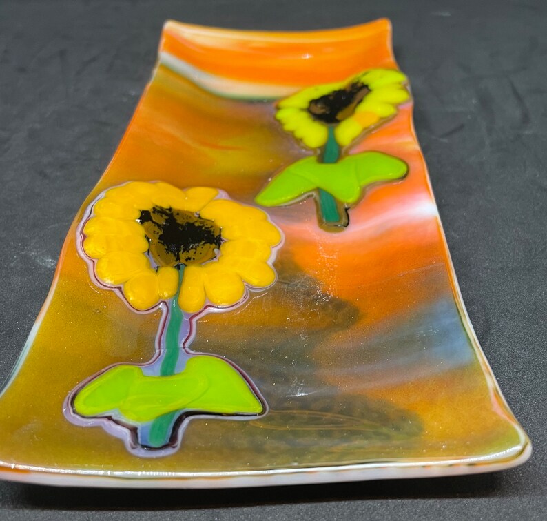 Sunflower 36 Modern Fused Art Glass Plate, Dish, Spoon Rest Made With ...
