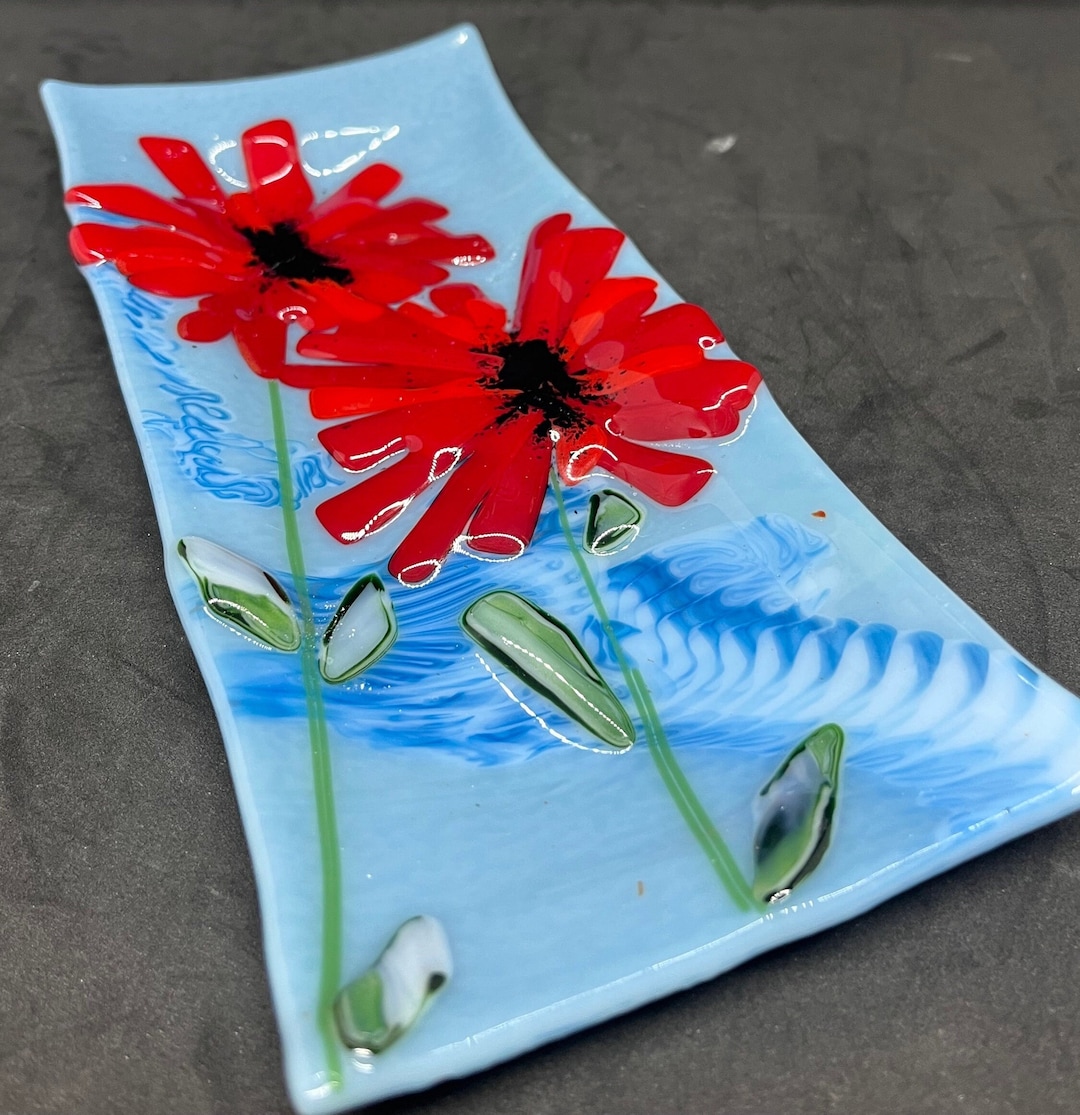 Red Poppies 17; Modern Fused Art Glass Plate, Dish, Spoon Rest Made ...