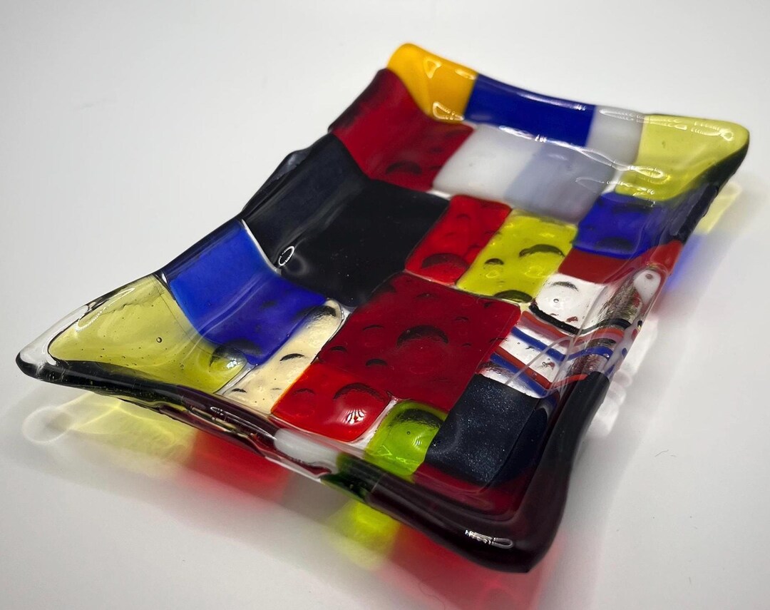 Patchwork 17; Modern Fused Art Glass Rectangular Soap Dish With Blue ...