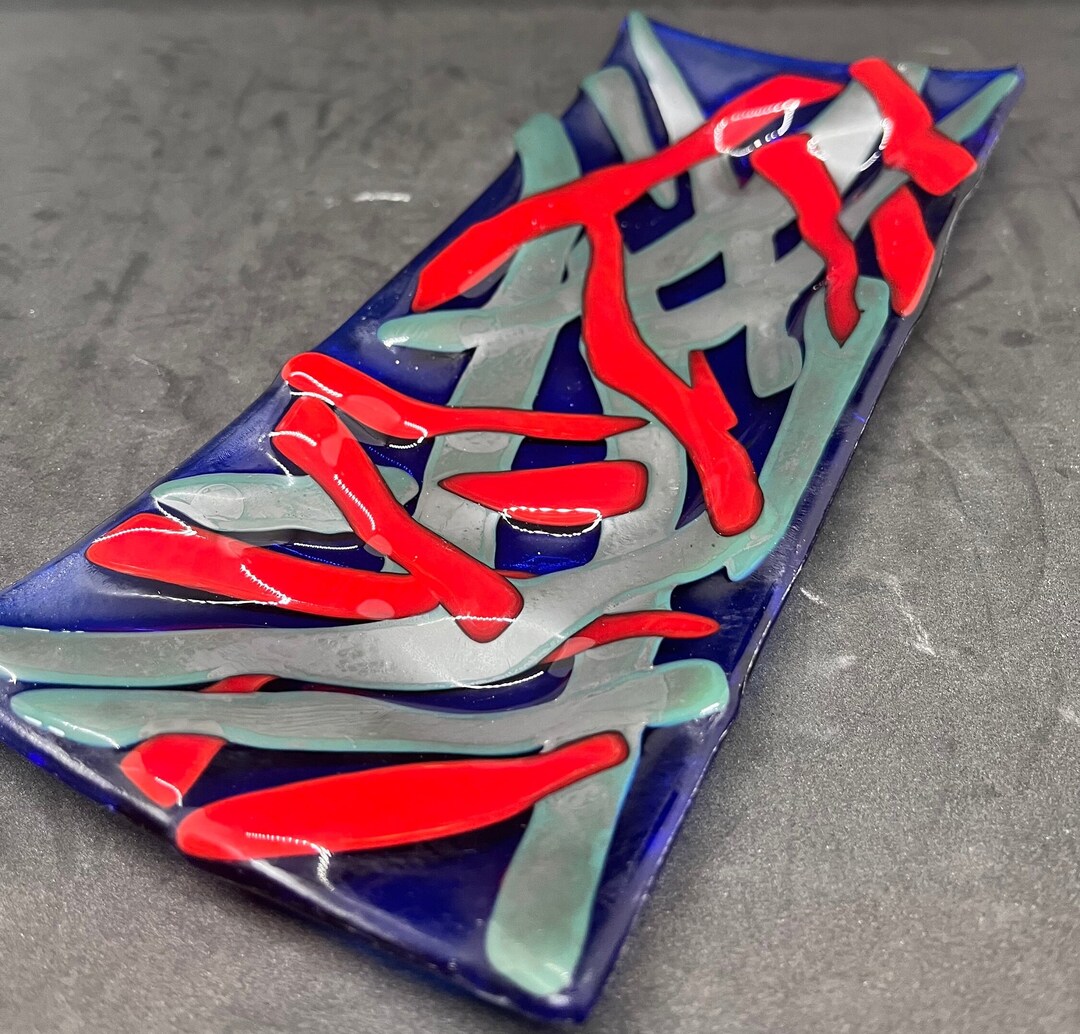 SRV Crossfire Fused Art Glass Spoon Rest Plate – Blue, Red & Steel Jade ...