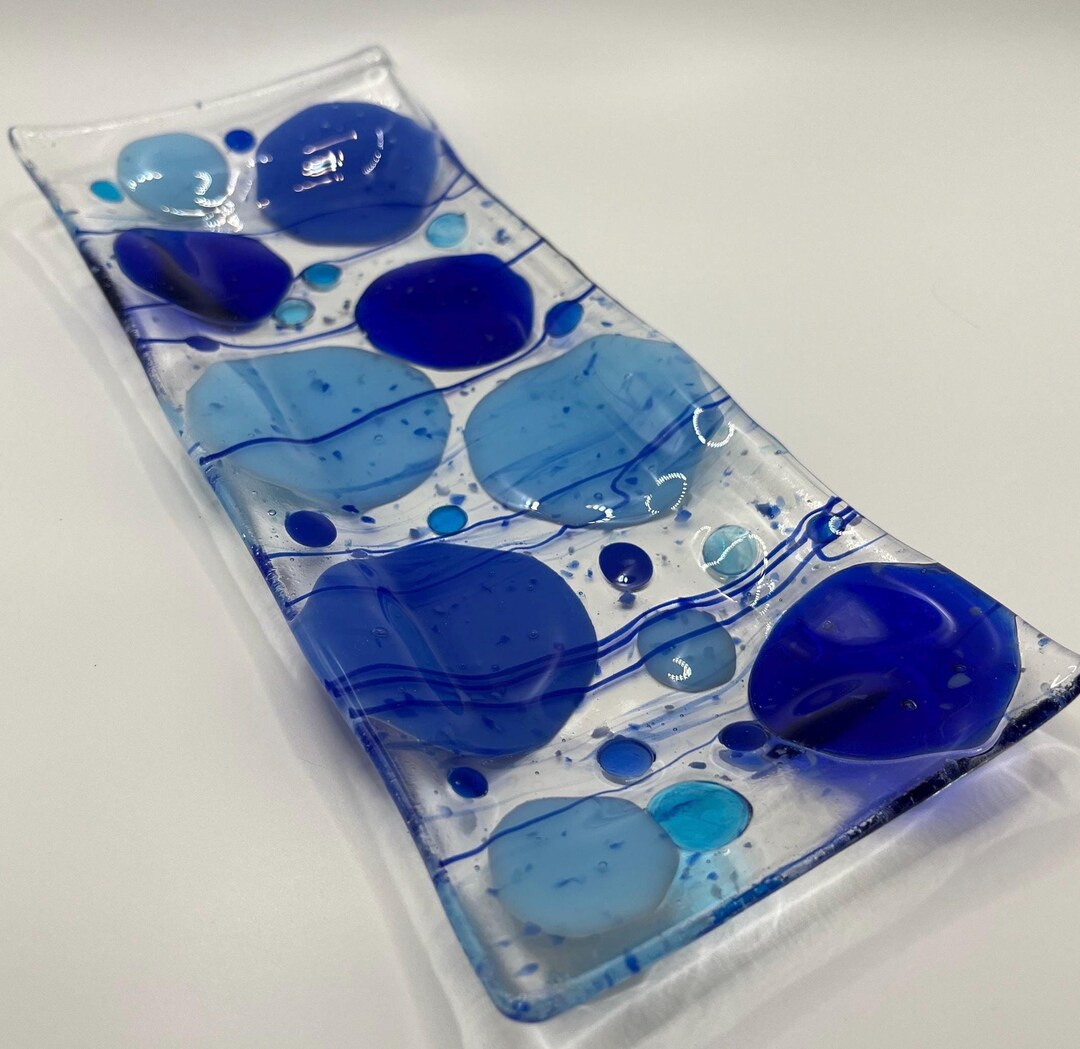 Modern Fused Art Glass Plate - Blue Dots 19 - Clear & Blue Glass Dish ...