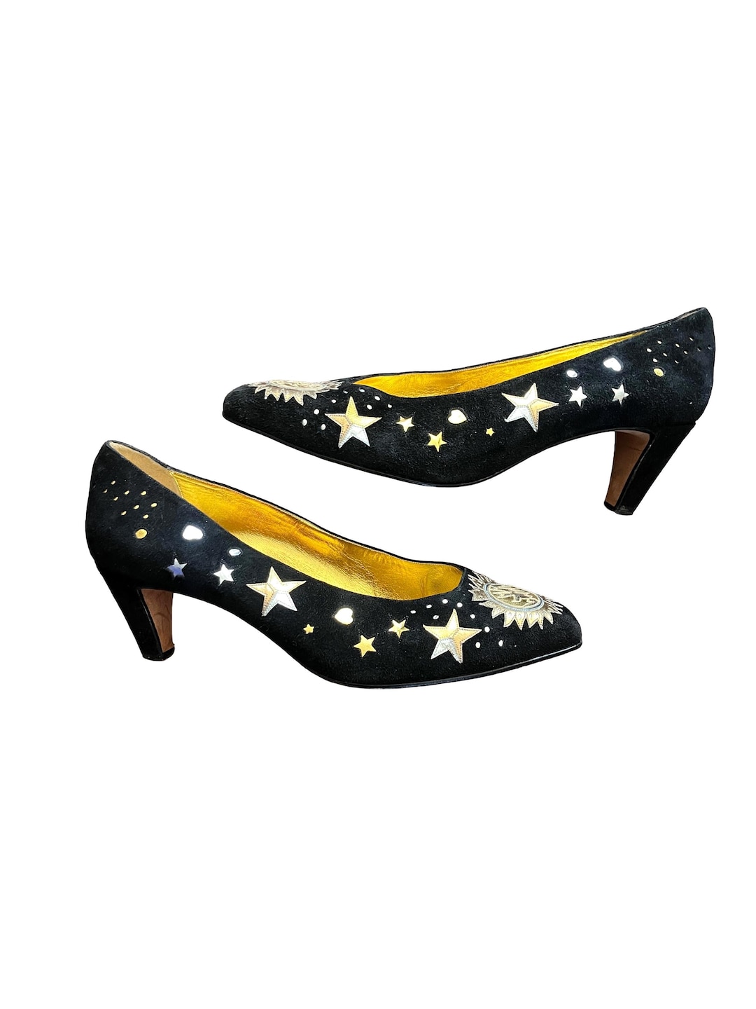 Vintage 90s Andrea Pfister Black Suede Metallic Celestial Heels - Size ...
