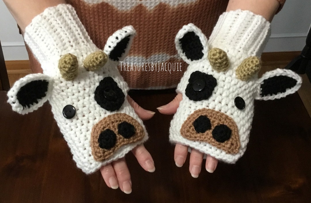 Crocheted Cow Fingerless Gloves: Fun Farm Animal Gloves - Etsy