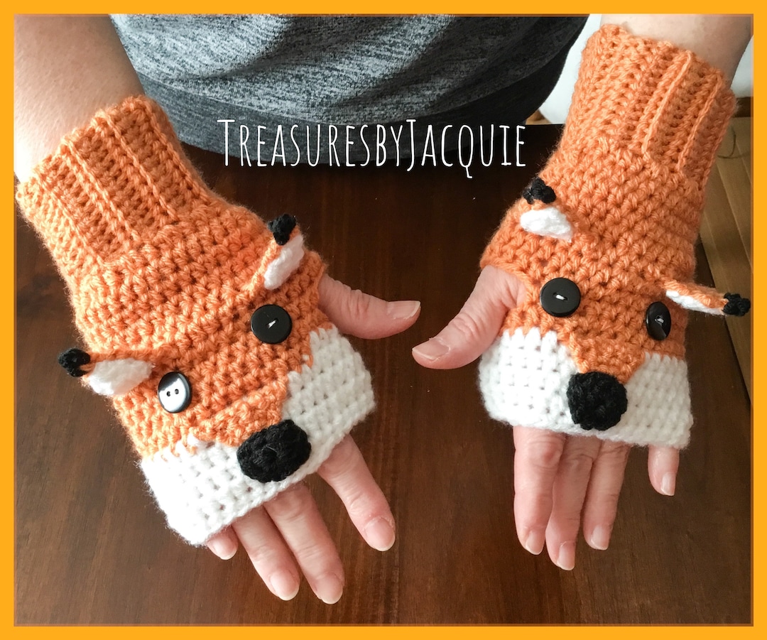 Crocheted Fingerless Fox or Wolf Gloves, Kids Fox Gloves, Adult Fox ...