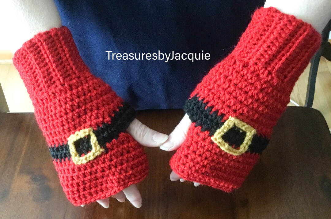 Crocheted Fingerless Santa’s Belt Gloves, Kids Santa Gloves, Adult ...