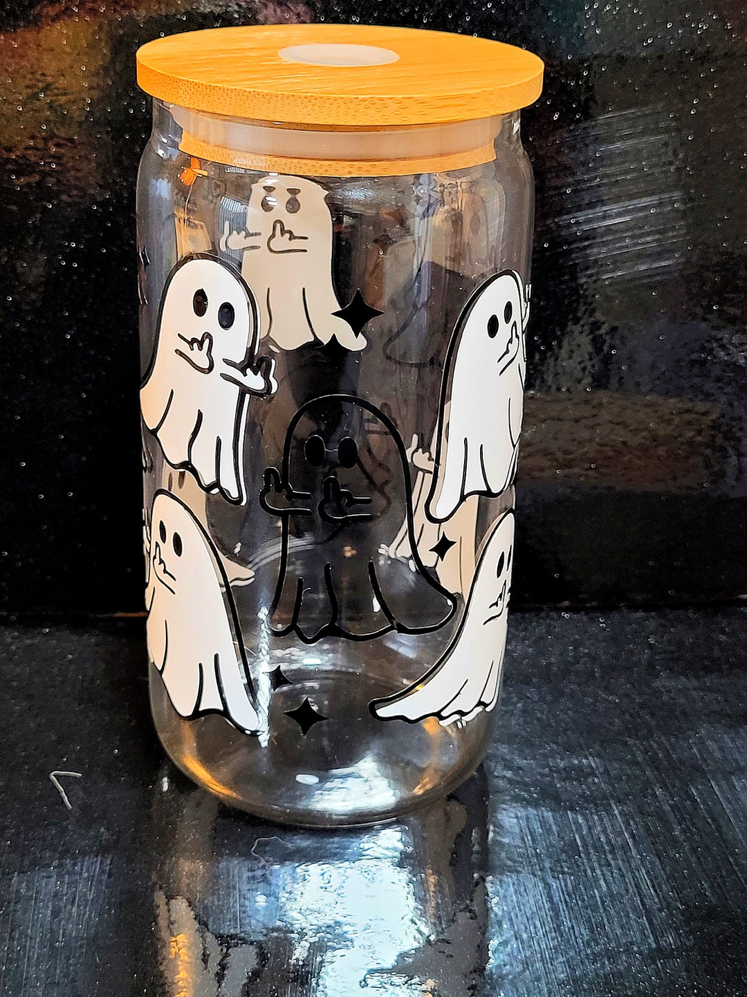 Ghost Flipping the Bird Glass Tumbler, 16 Ounce Tumbler With Bamboo Lid ...