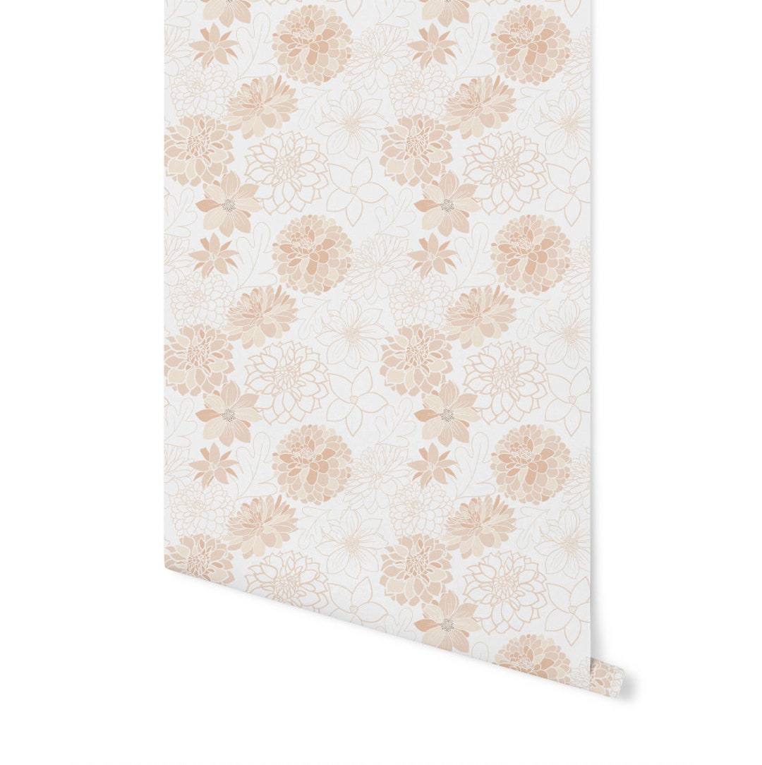 Peel and Stick Wallpaper Boho/ Boho Peach Dahlias Wallpaper/ Removable ...