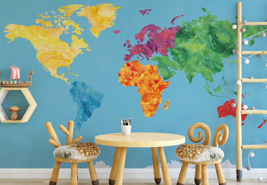 Rainbow Map Wallpaper Mural/ Rainbow Watercolor Map Wallpaper ...