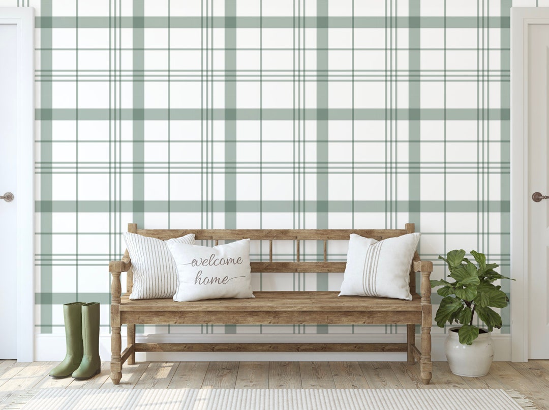 Wallpaper Plaid Green/ Sage Green Asymmetric Plaid Wallpaper ...