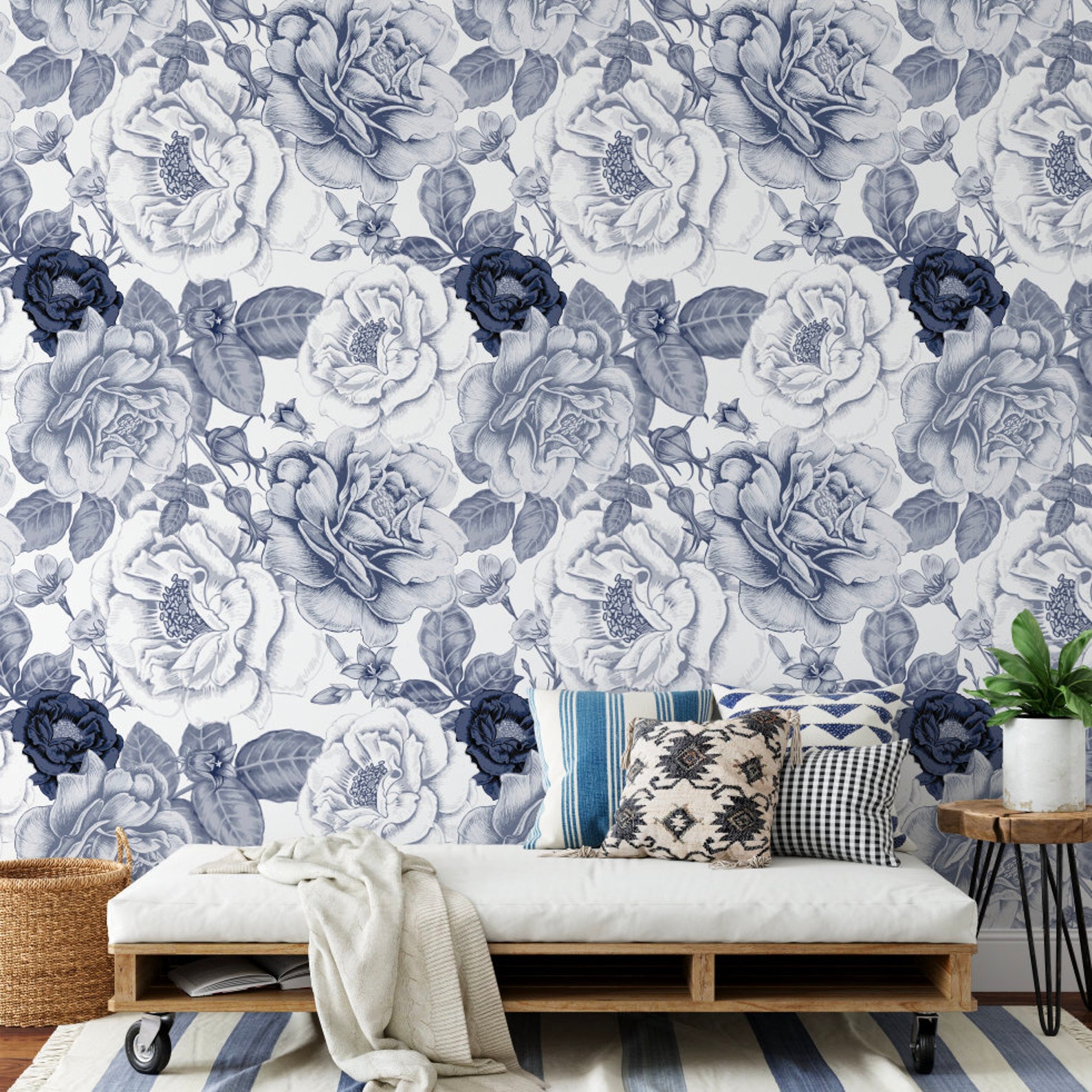Navy Peel and Stick Wallpaper Blue and White Floral/ Vintage Navy Roses ...