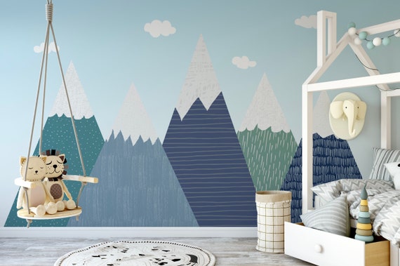 Kids Wallpaper Blue/ Blue & Green Textured Mountains - Etsy