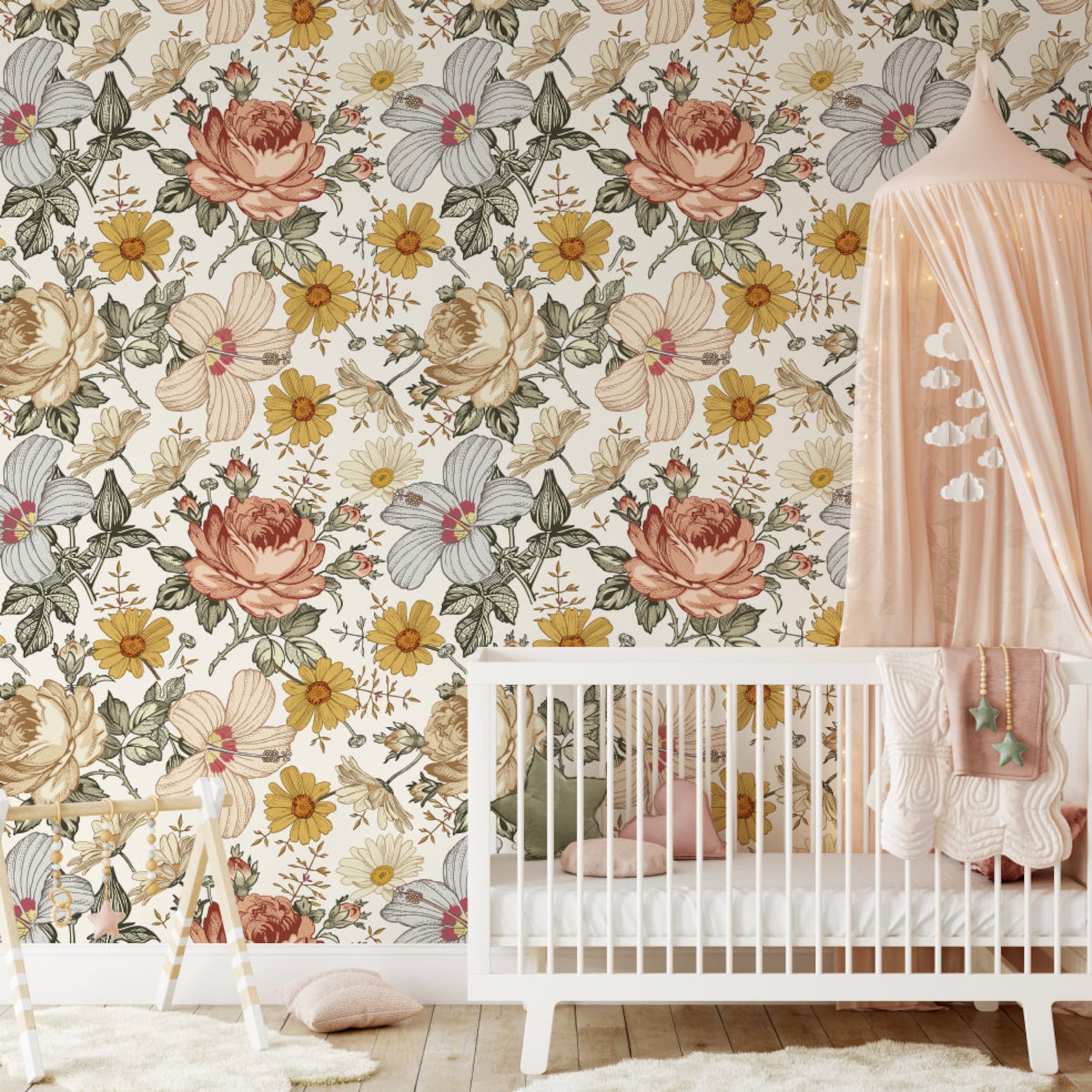 Boho Floral Wallpaper Peel and Stick/ Boho Hand Drawn Floral Wallpaper ...