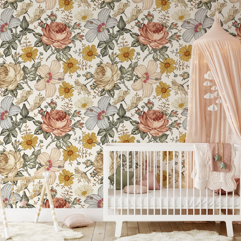 Boho Floral Wallpaper Peel and Stick/ Boho Hand Drawn Floral - Etsy