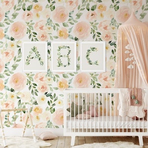 Nursery Wallpaper Pink Flowers/ Romantic Pink Watercolor Roses ...