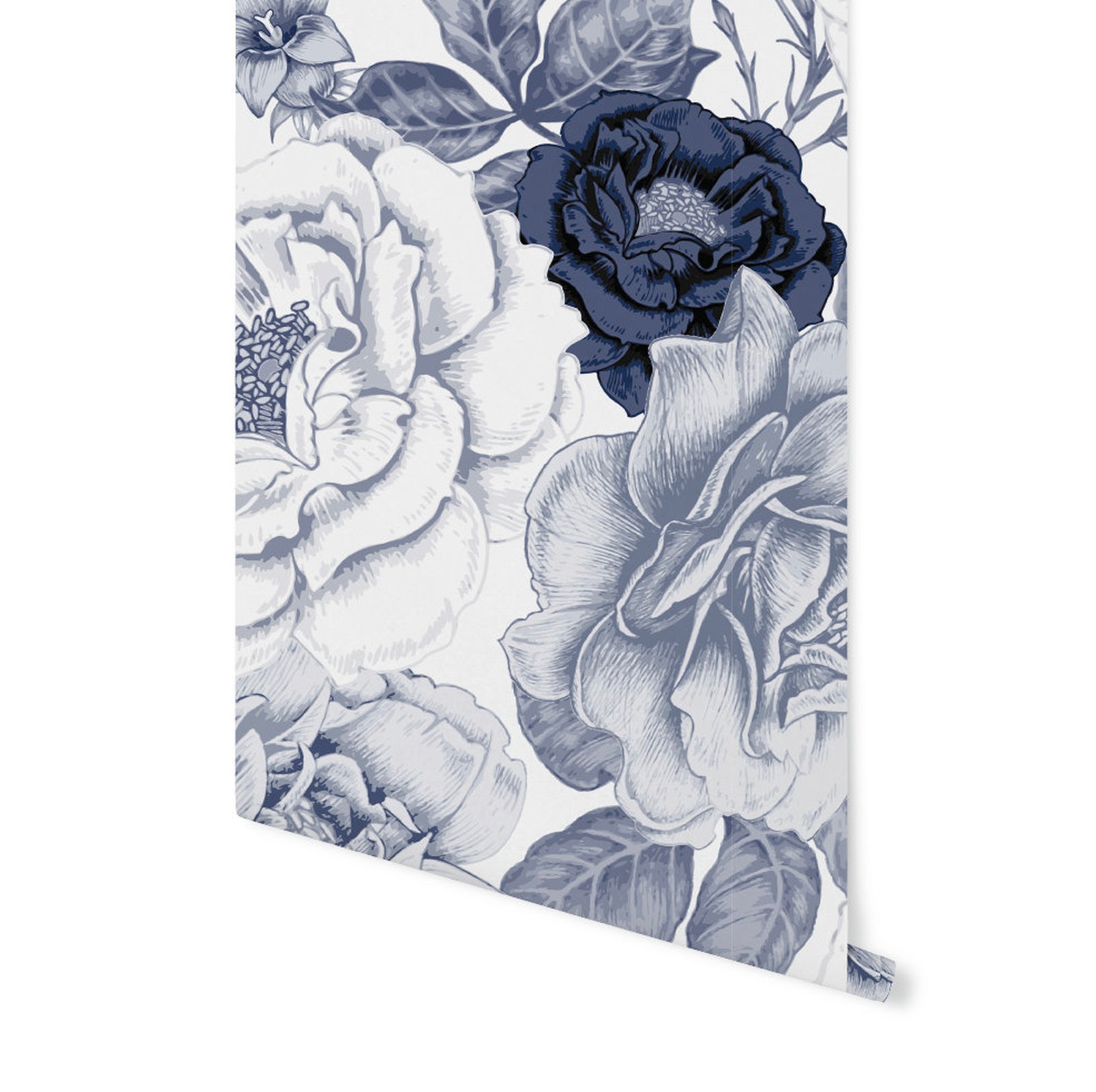 Navy Peel and Stick Wallpaper Blue and White Floral/ Vintage Navy Roses ...