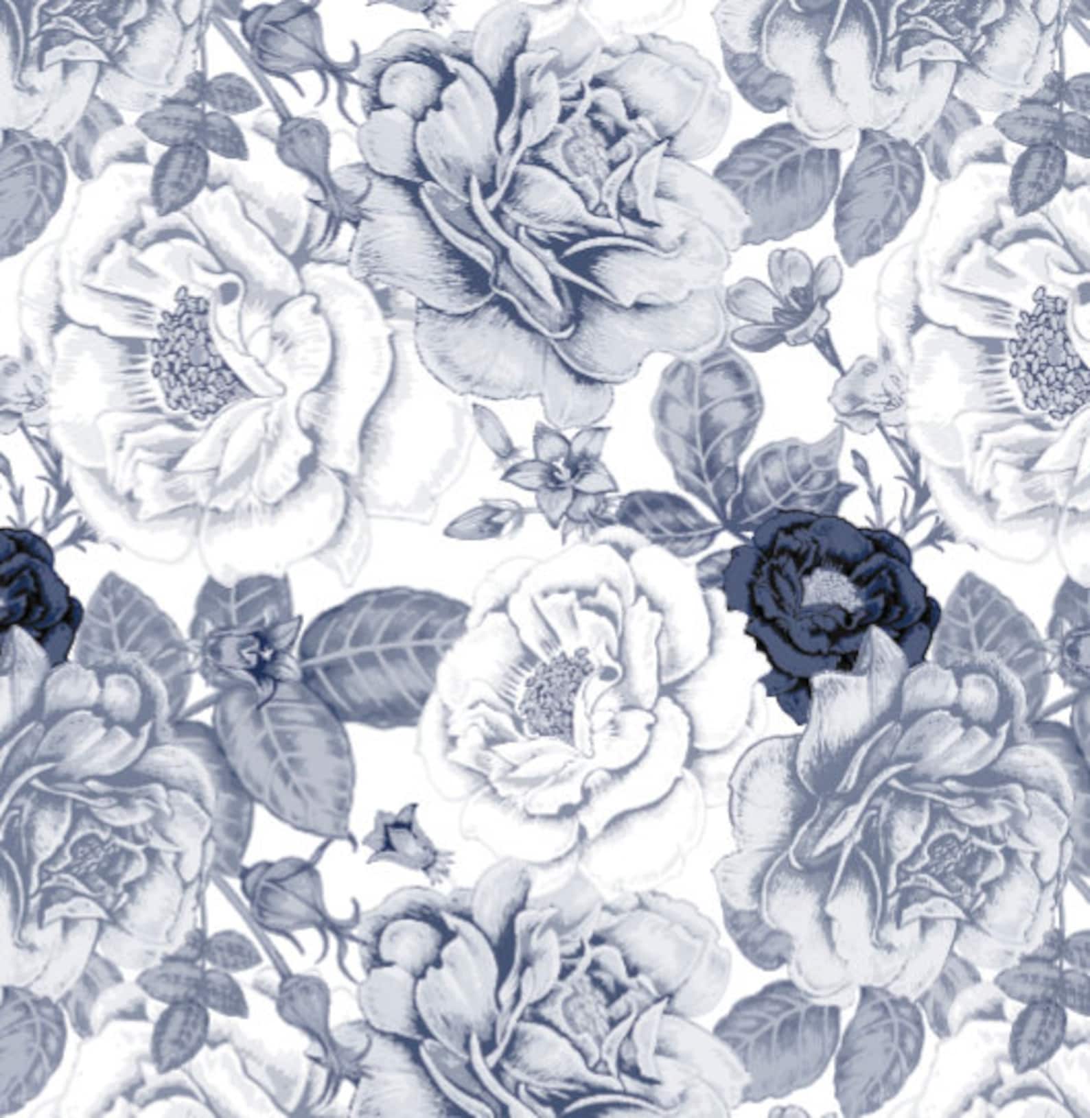 Navy Peel and Stick Wallpaper Blue and White Floral/ Vintage Navy Roses ...