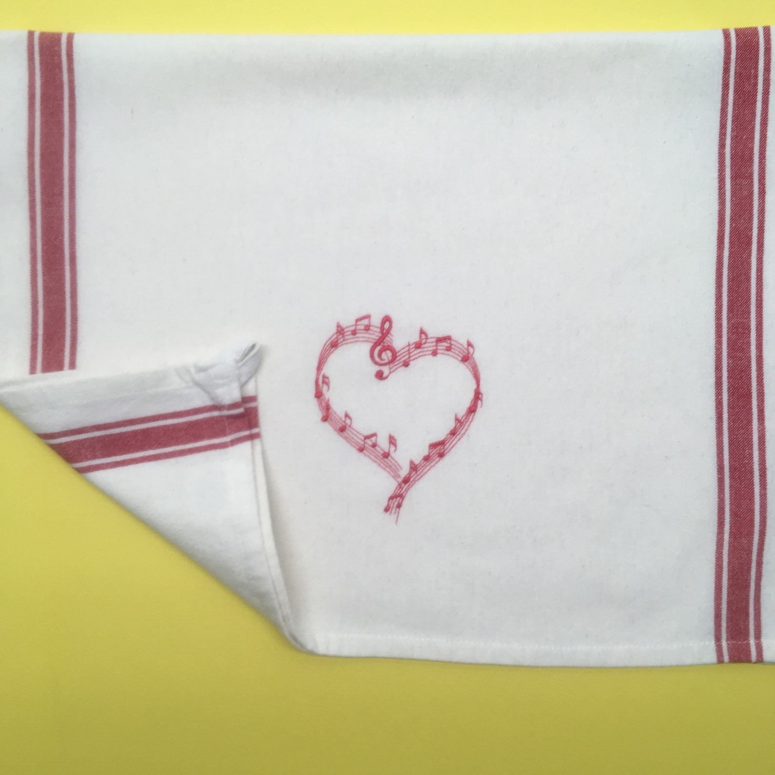 Embroidered Kitchen Towel Musical Heart White Cotton Kitchen Towel Blue ...