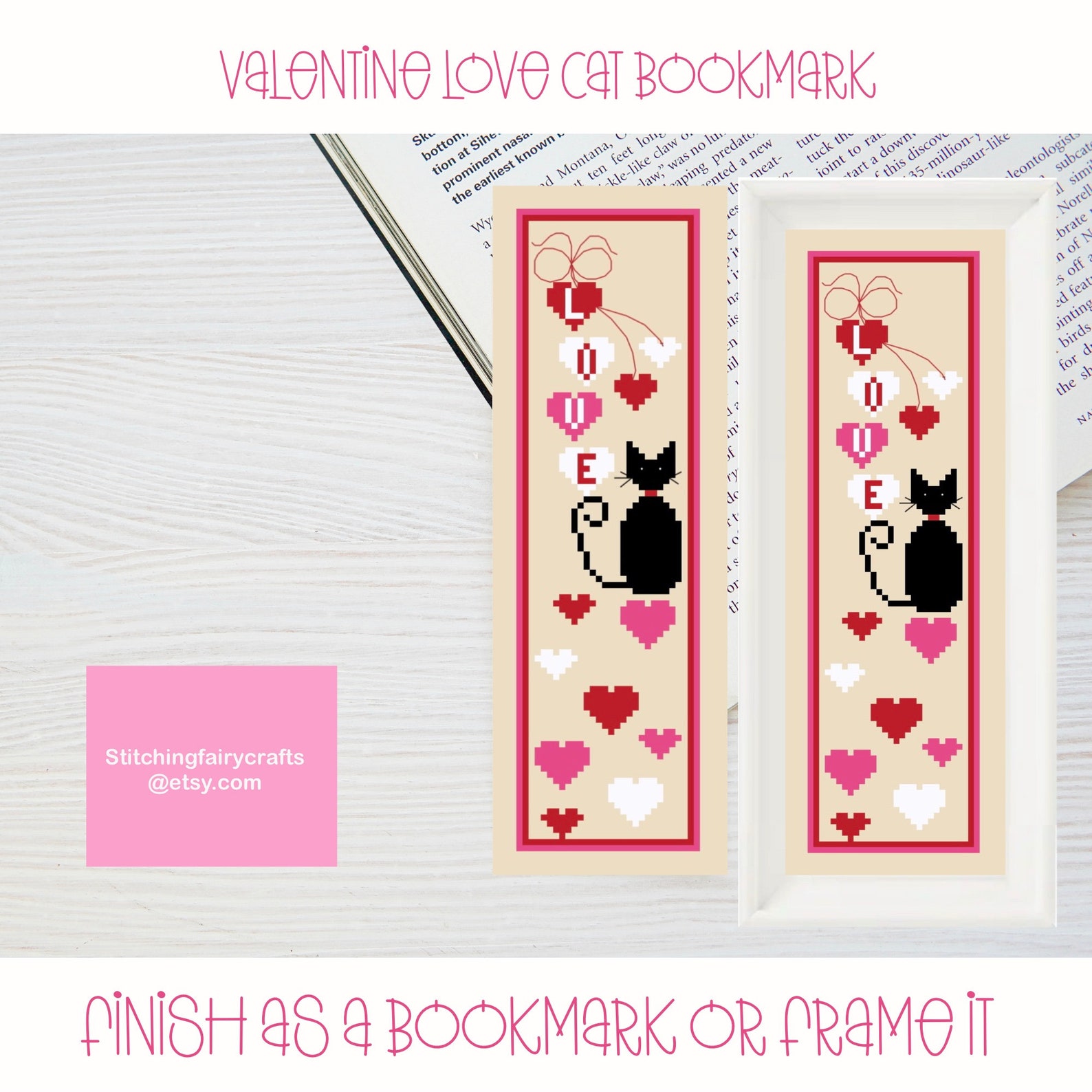 Valentine Cat Bookmark Cross Stitch Pattern (PDF Download) - Etsy