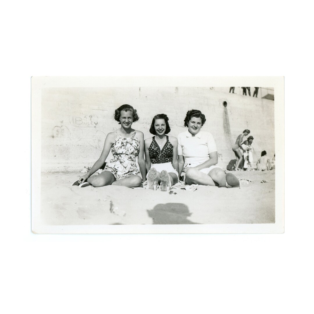 1930s Vintage Snapshot ~ Trio of Women on the Beach With Graffiti ...