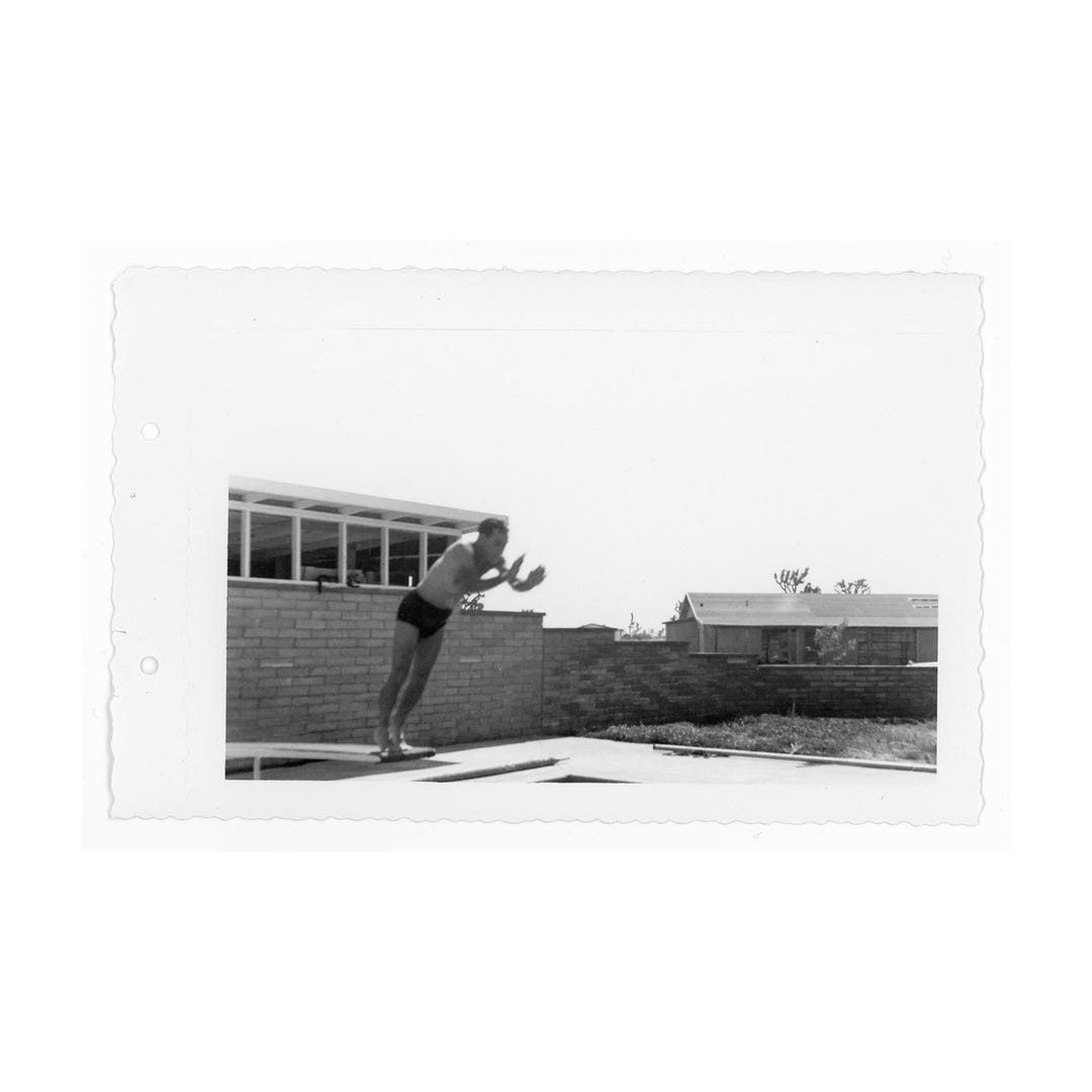 Mid Dive ~ Vintage Snapshot ~ Man on Diving Board Jumping in the Pool ...