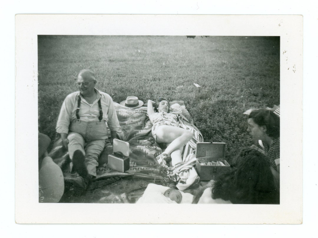 Picnic Nap July 29, 1951 Vintage Snapshot Group on the Lawn With Woman ...