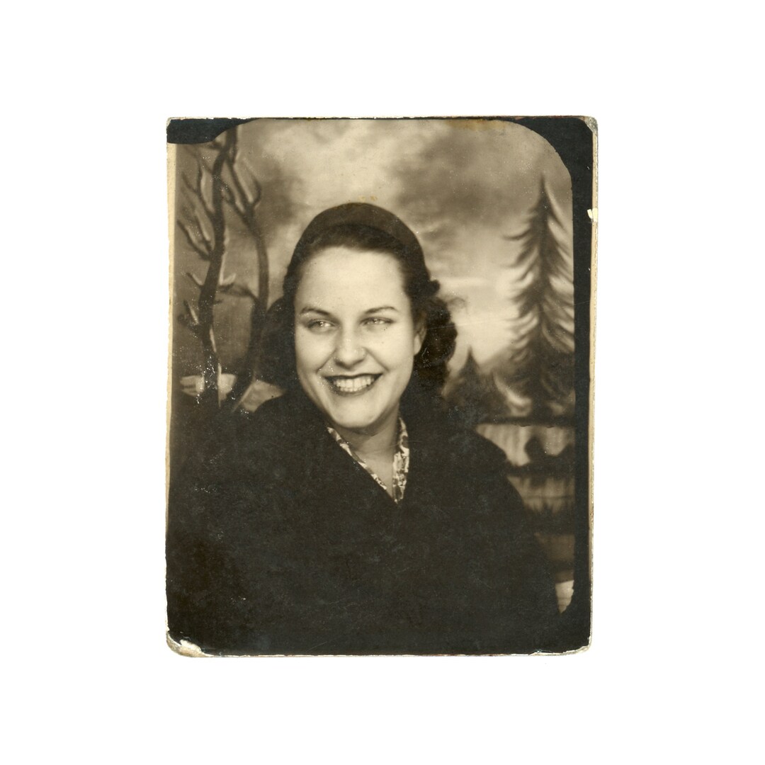 1940s Vintage Photo Booth ~ Smiling Woman Against Dark Backdrop ...