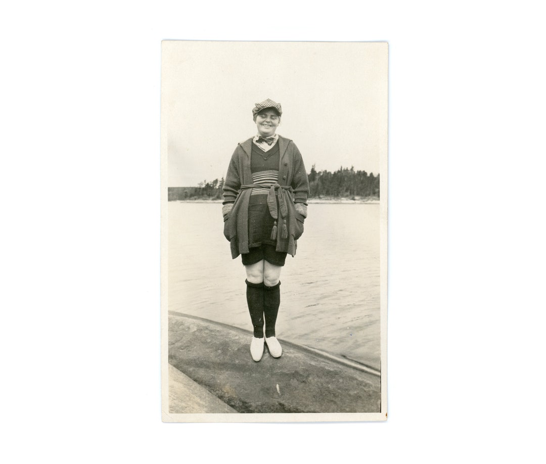Eyes Closed Vintage Snapshot 1920s Young Woman by the Lake With Hands in Cardigan Pockets ...
