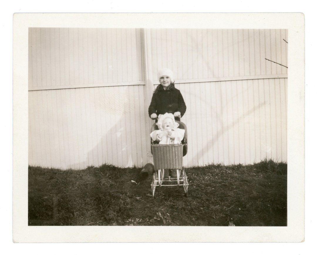 Vintage Snapshot Little Girl Pushing Baby Doll in Carriage Vintage ...