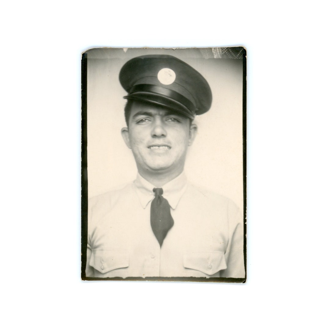Tucked ~ Vintage Photo Booth ~ Man With Unibrow in Uniform and Hat ...