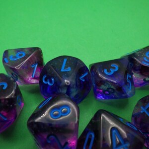 10D10 16mm Set of Ten D10 Dice - Nebula Glow in the Dark Nocturnal Blue ...