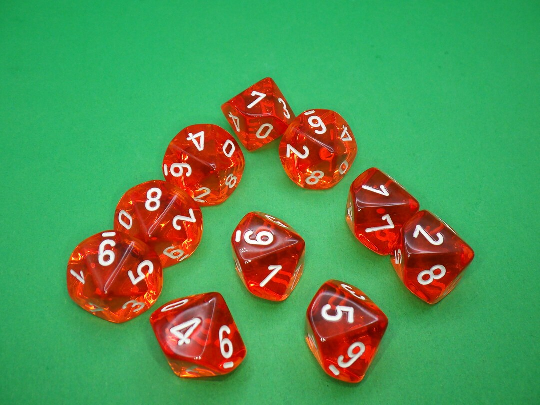 16mm Set of Ten 10D10 Dice - Translucent Orange With White - RPG ...