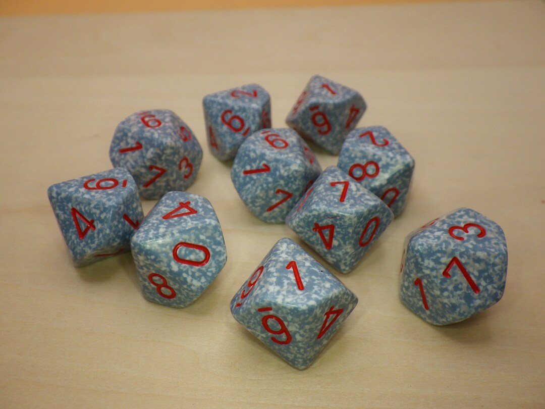 16mm Dice 10d10 (ten Ten-sided)- Speckled Air Blue White With Red ...