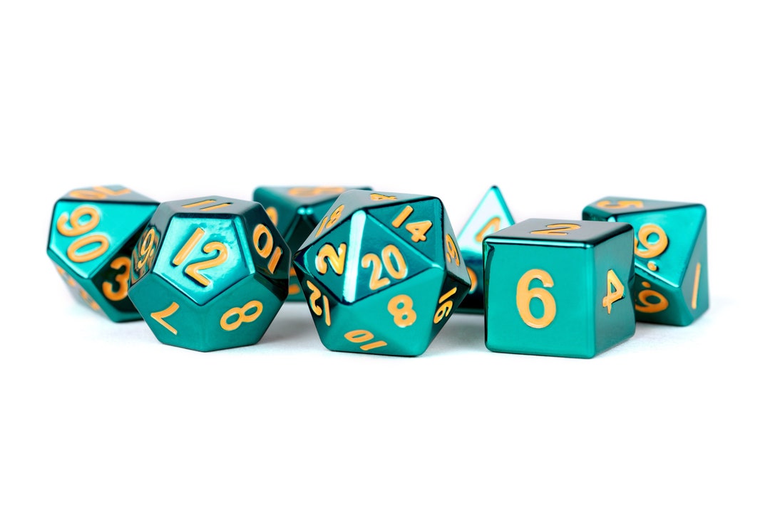 Metal Turquoise With Gold Numbers 16mm Polyhedral Dice Set (or ...
