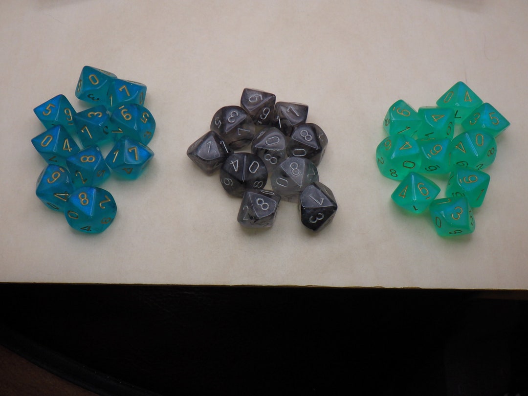 10D10 16mm Set of Ten D10 Dice - Glitter Glow in the Dark - RPG Tool ...