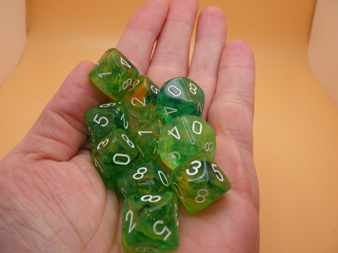 10D10 16mm Set of Ten D10 Dice - Nebula Spring White Glow in the Dark ...