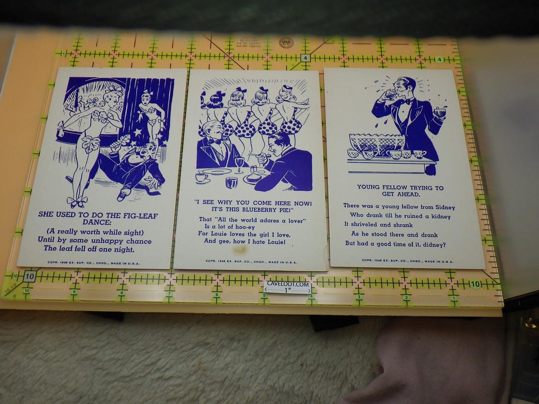 Set of 3 Vintage 1948 Penny Arcade Cards - Blue Risque Humor - Fig-leaf ...