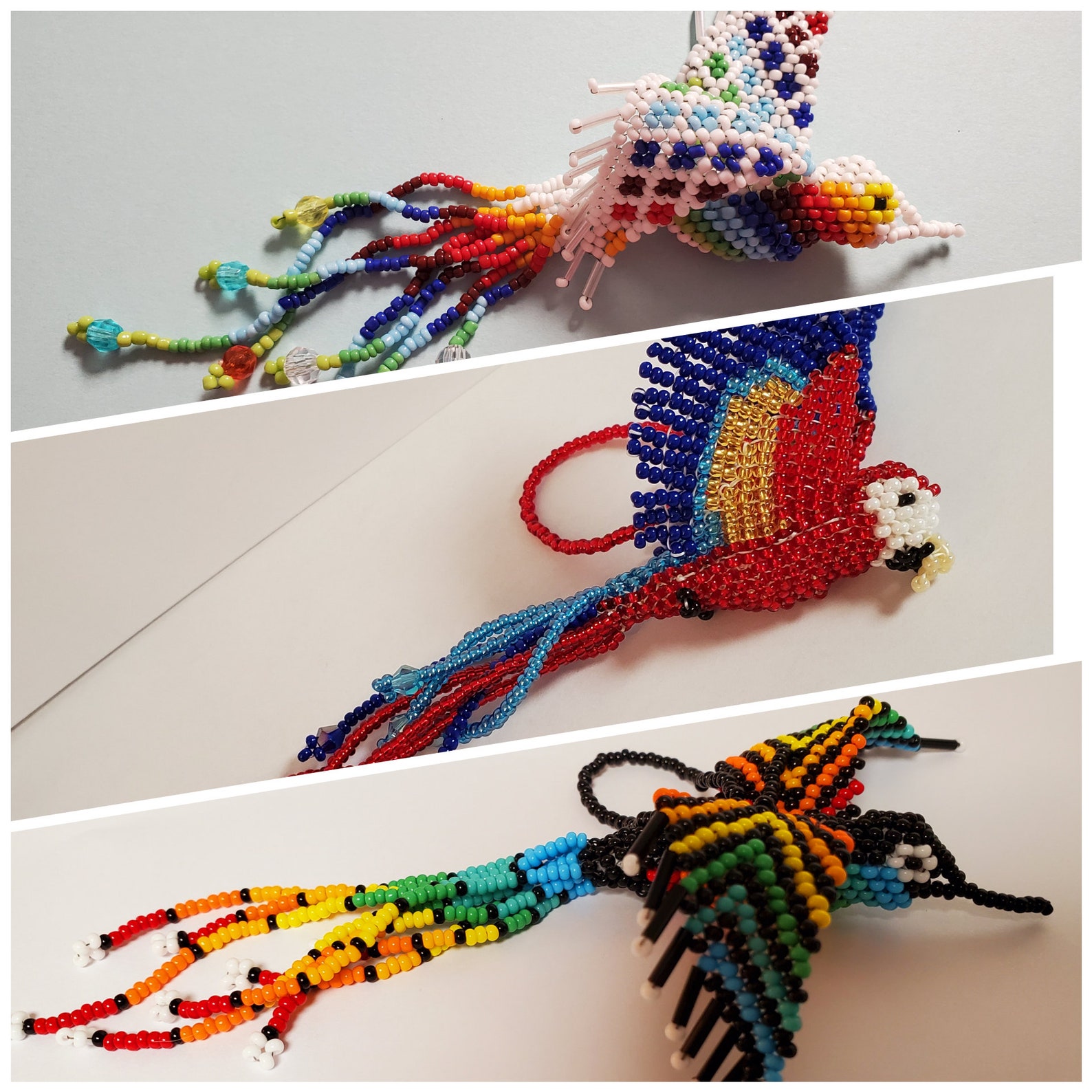 Beaded Hummingbird black Rainbow and White and Beaded Scarlet Macaw ...