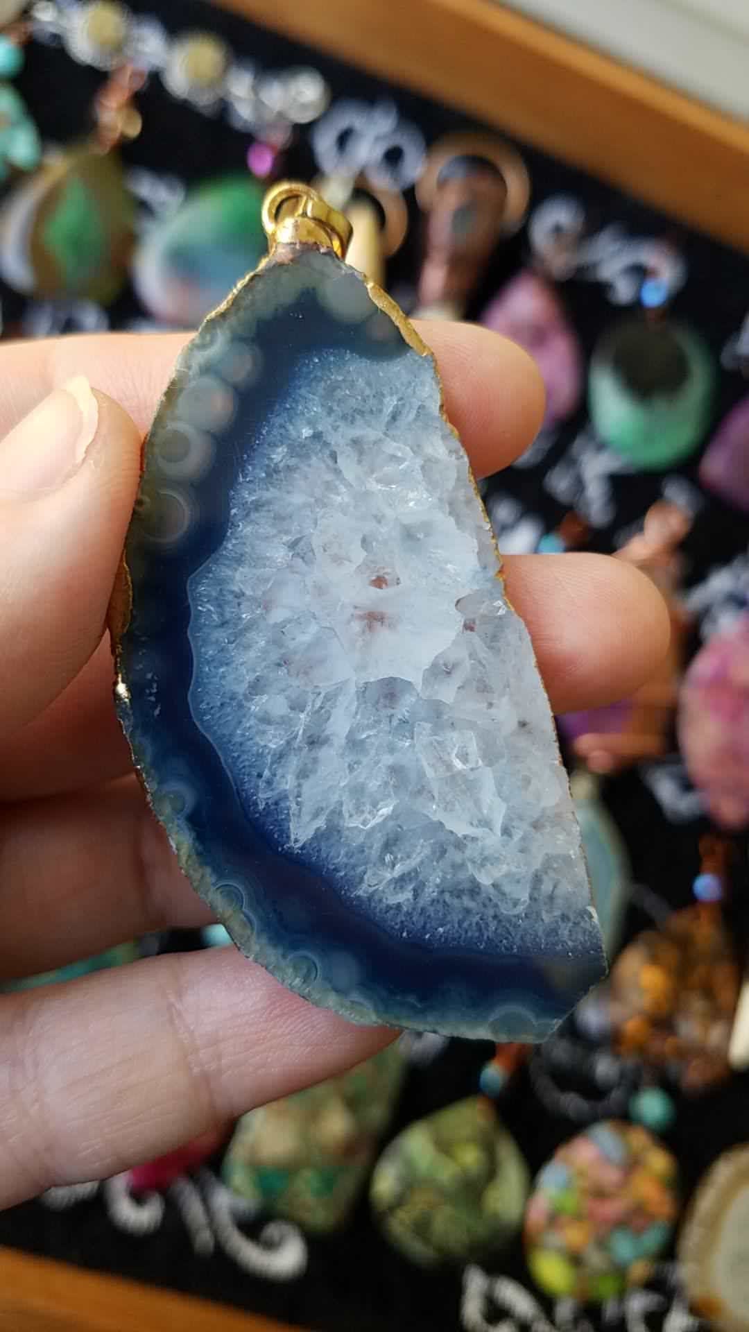 Blue Quartz Geode Gemstone Crystal Gold Pendant Necklace - Etsy
