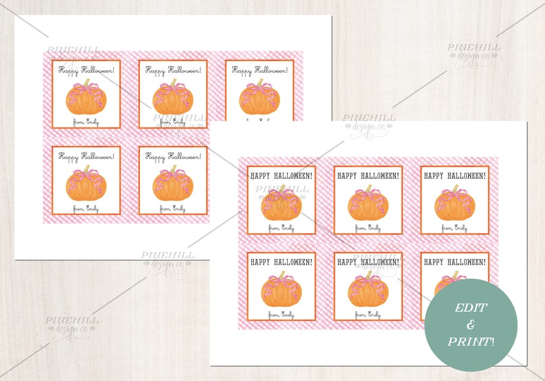 Pumpkin Bow Pink Gingham Halloween Treat Gift Tags Printable Editable ...