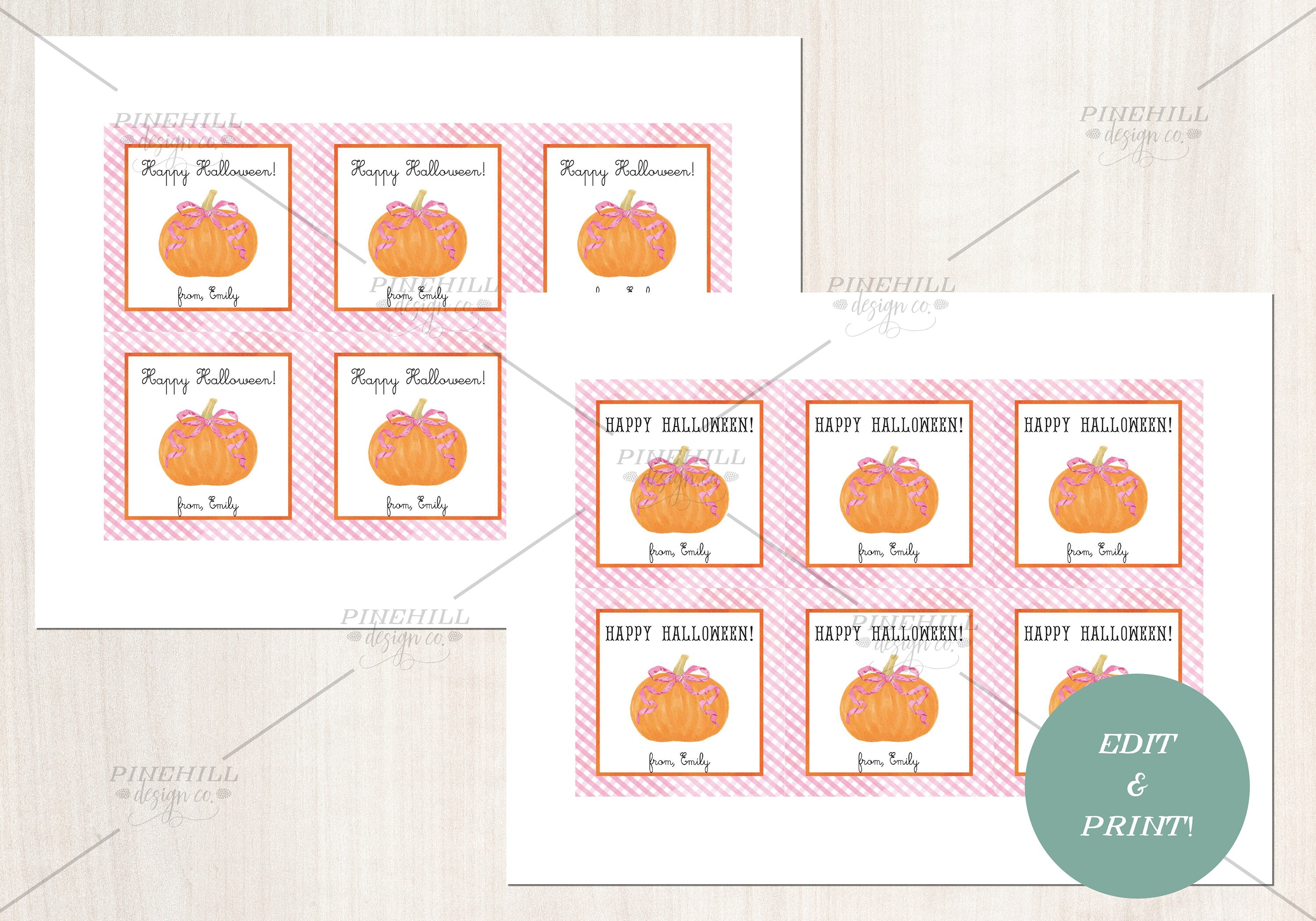 Pumpkin Bow Pink Gingham Halloween Treat Gift Tags Printable Editable ...