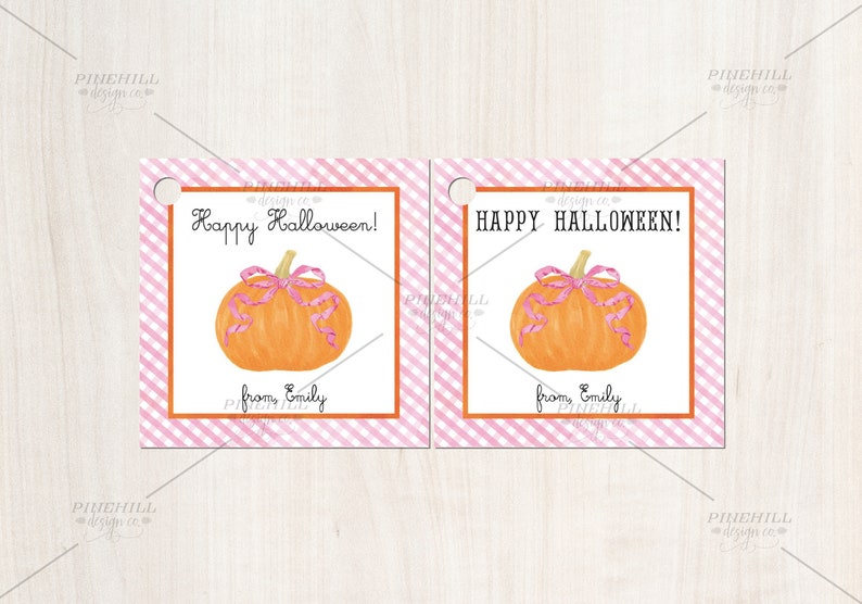 Pumpkin Bow Pink Gingham Halloween Treat Gift Tags Printable Editable ...