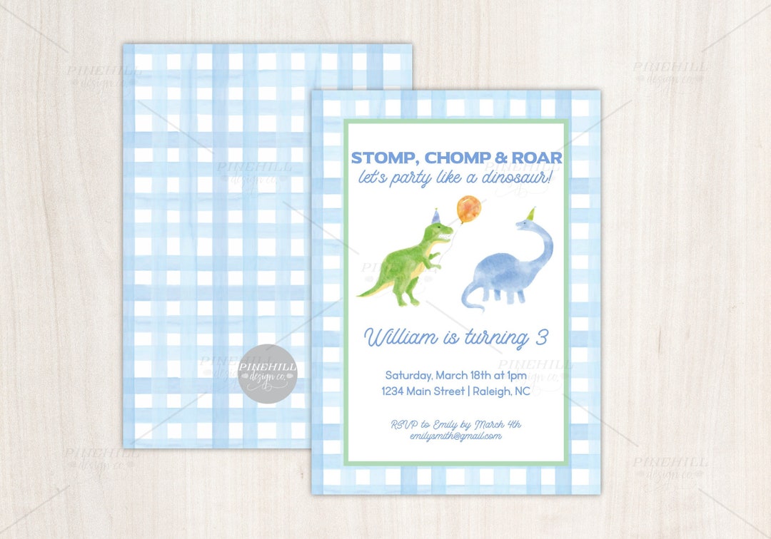 Dinosaur Stomp Chomp Roar Three Rex Birthday Invitation Custom ...